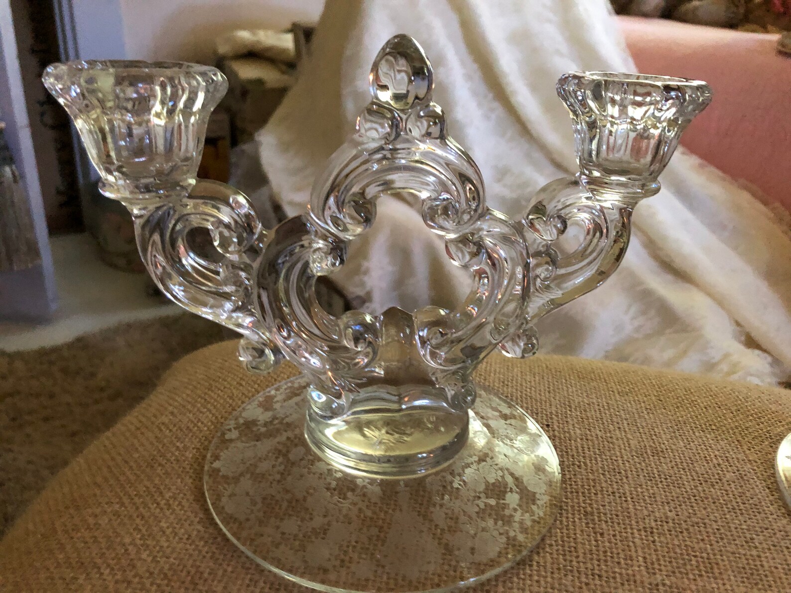 Beautiful Vintage Etched Glass Double Candlesticks Set of - Etsy