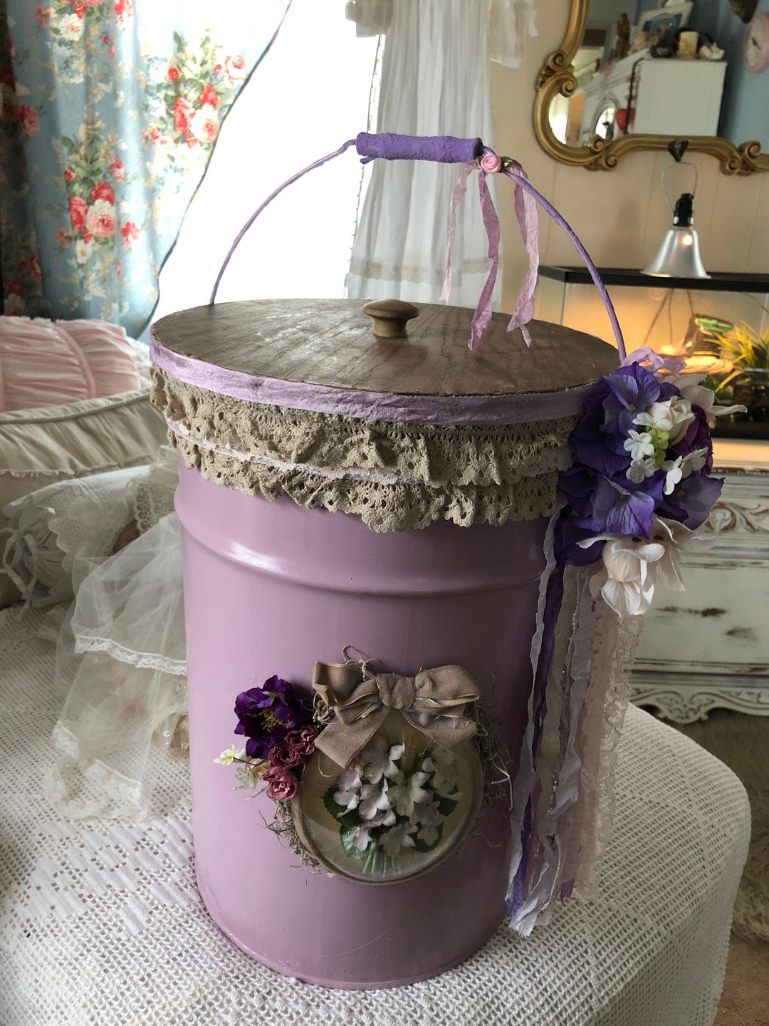 Romantic Re Purposed Vintage Tall Pail, Shabby Chic Pail, Storage Pail ...