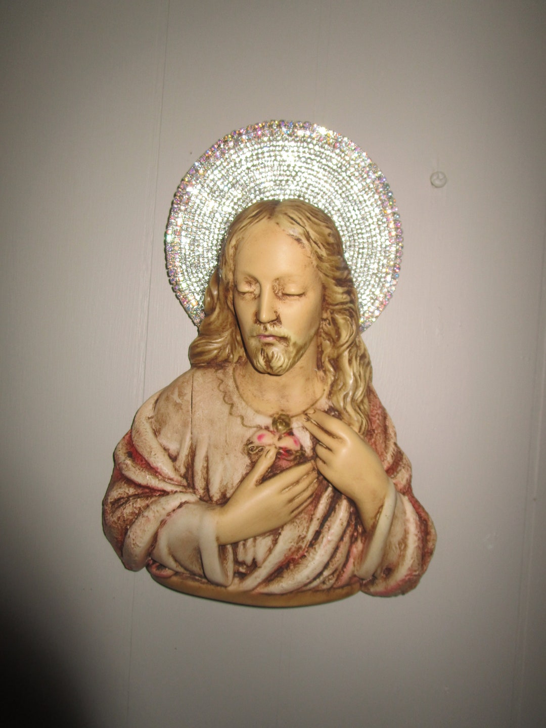 Jesus Wall Decor, Antique 11" Plaster Jesus With Rhinestone Halo, Wall ...