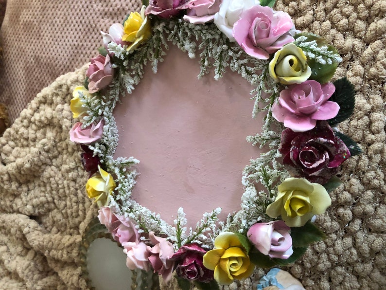 Porcelain Roses and Wood Stand With 3 Glass Risers and Antique German ...