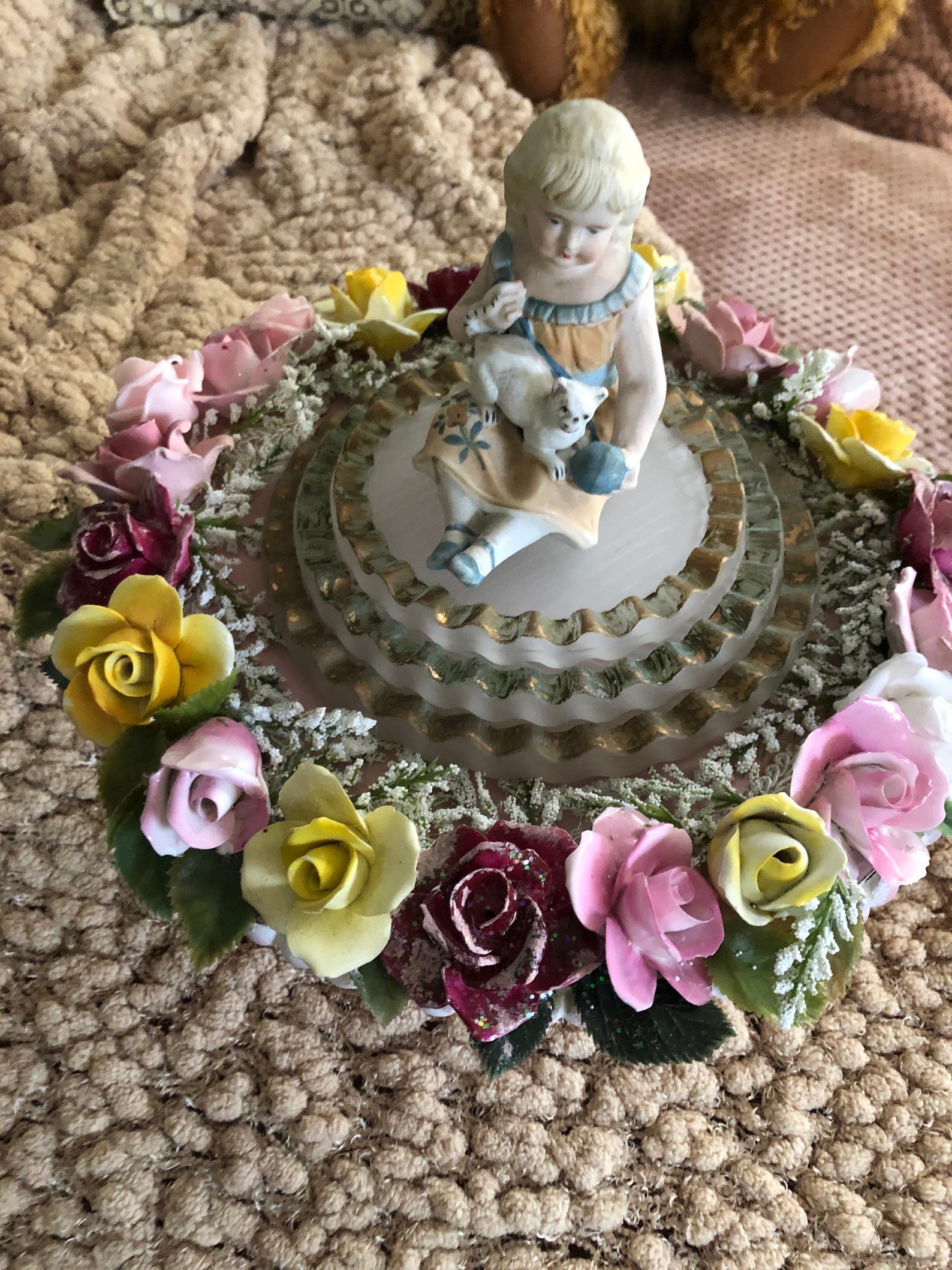 Porcelain Roses and Wood Stand With 3 Glass Risers and Antique German ...