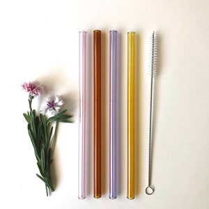 Set of Four Glass Drinking Straws, Lavender Amber Yellow Pink, Eco ...