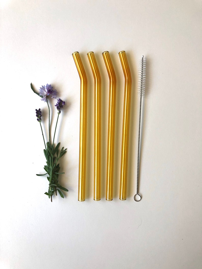 Bent Glass Straw Set of Four in Topaz Yellow | Etsy