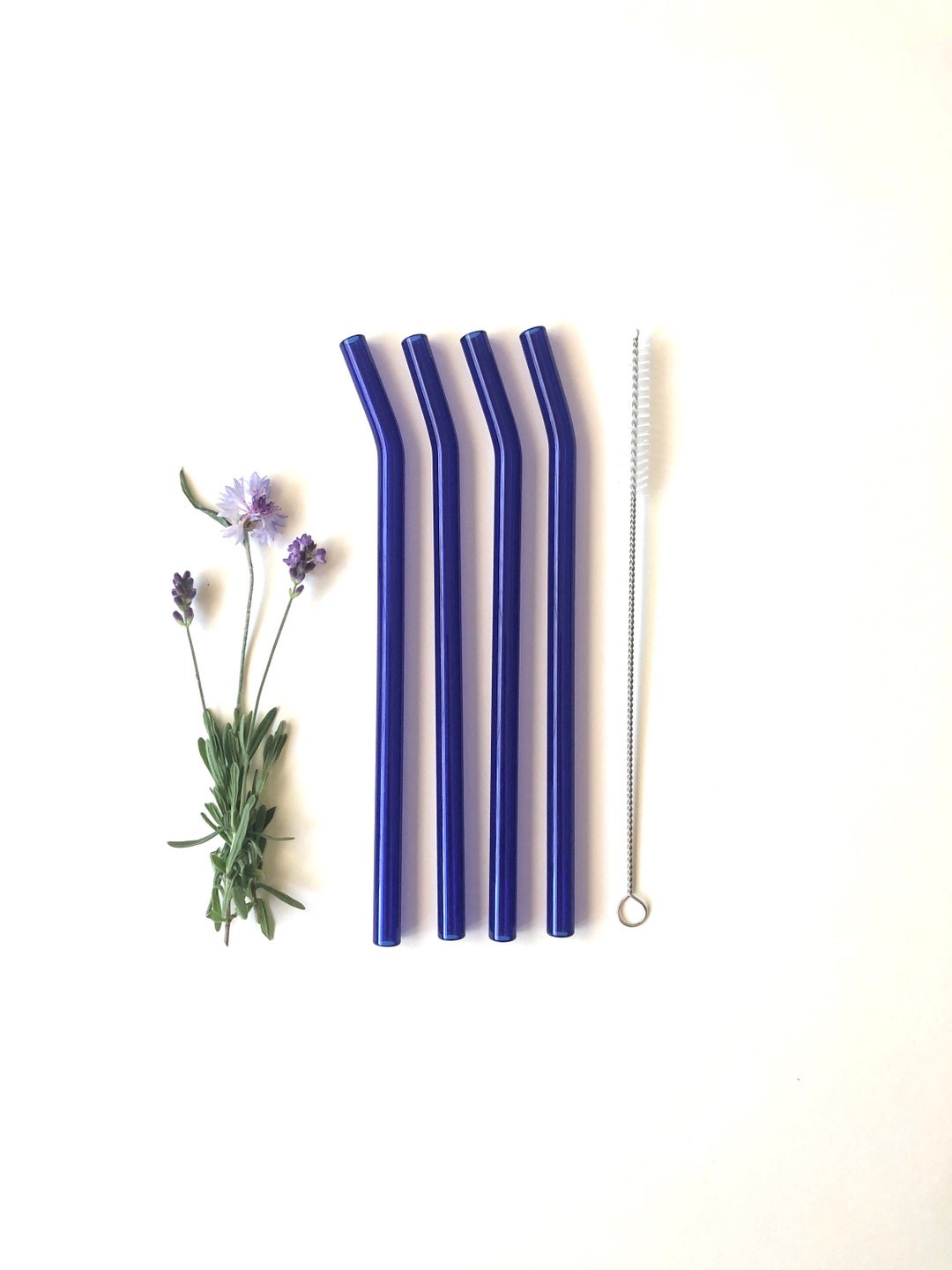 Bent Glass Straws in Brilliant Blue / Set of Four Reusable Drinking ...