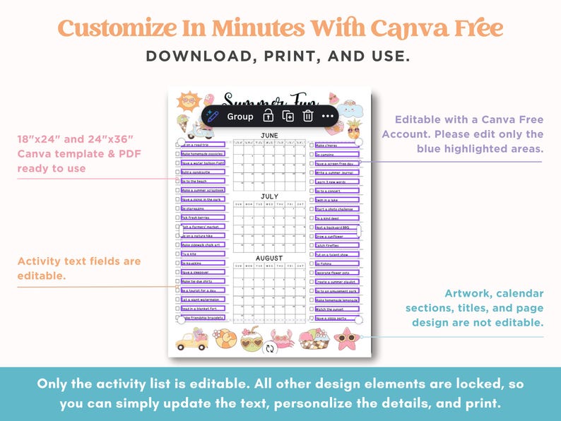 Summer Fun Calendar Poster, Kids Bucket List Planner, Family Activity ...