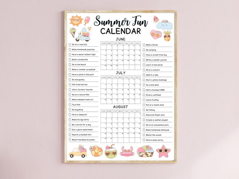 Summer Fun Calendar Poster, Kids Bucket List Planner, Family Activity ...