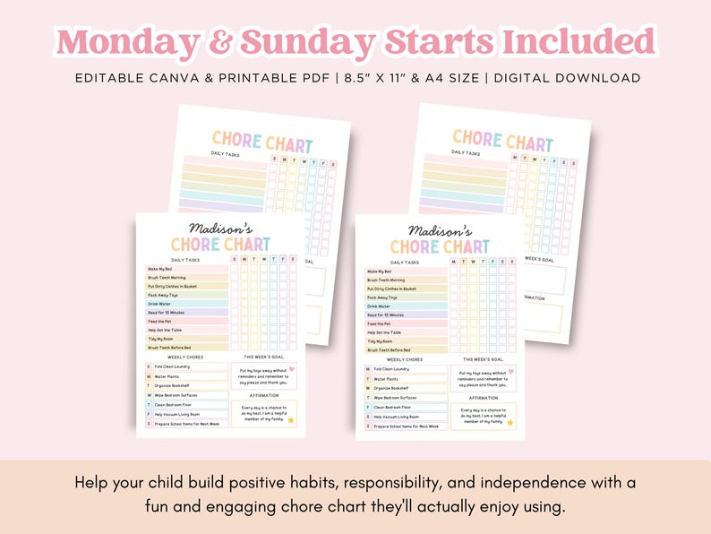 Editable Kids Chore Chart Printable, Daily Routine Tracker (digital ...