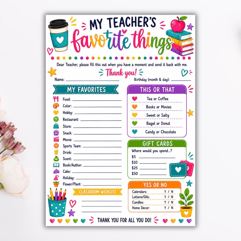 My Teacher's Favorite Things | Printable Teacher Survey | Teacher ...