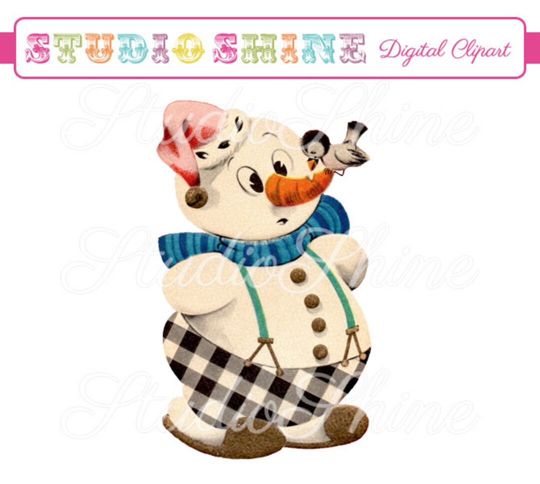 Vintage Digital Clipart - Snowman and Bird - Cute Clip Art Instant ...