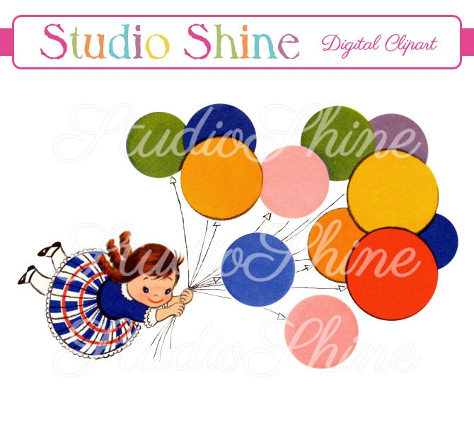 Vintage Digital Clipart - Girl With Balloons - Printable Image Cute ...