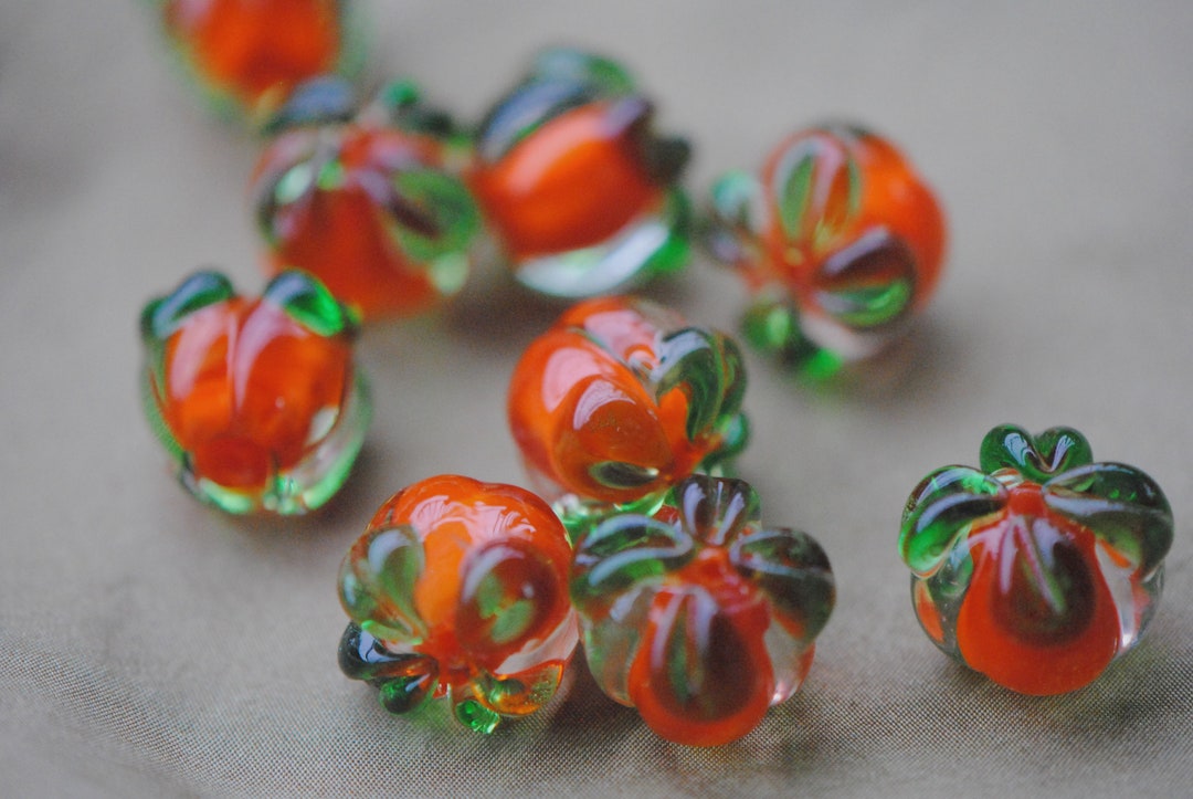 Glass Persimmon Beads | Fruit Beads | Orange and Green Glass Beads ...