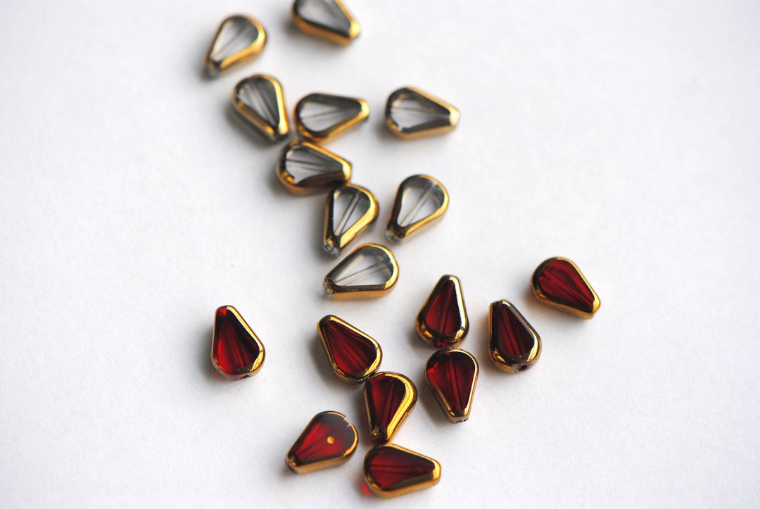 Glass Teardrop Beads | Gold Rimmed Glass Beads | 10mm Beads | Red Glass ...