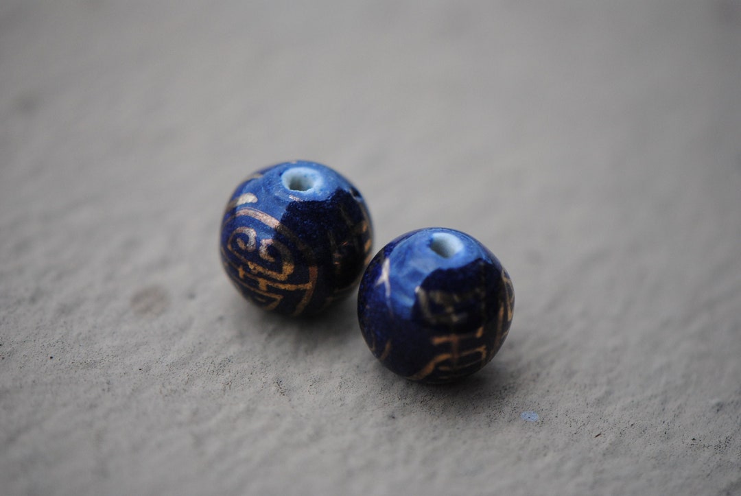 Gold and Deep Blue Longevity Beads, 14mm Porcelain Beads, Chinoiserie ...