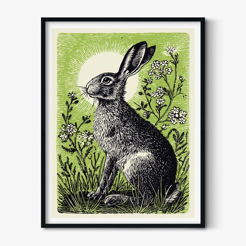 Hare Poster, Green Linocut Style, Woodland Hare and Wildflower Decor ...