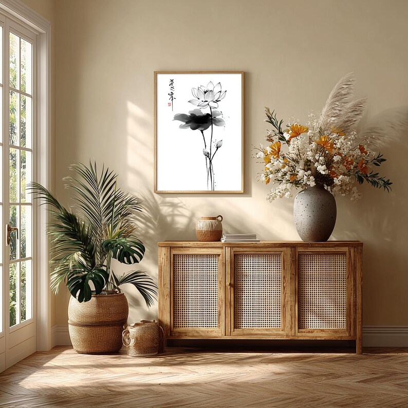 Lotus Flower Print, Japanese Ink Line Art, Minimal Floral Wall Art - Etsy