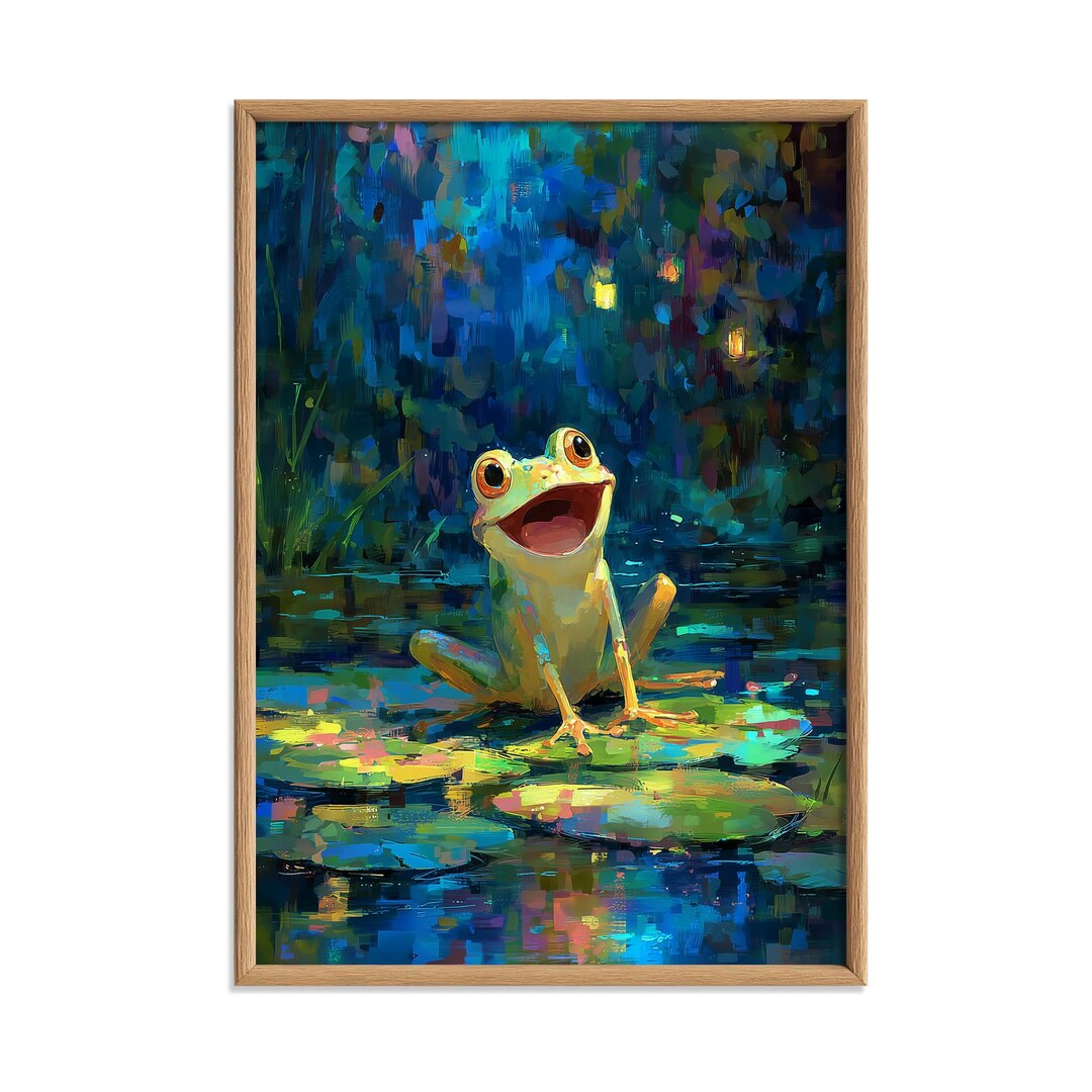 Cute Frog Lily Pad Wall Art Print, Colourful Pond Poster, Whimsical ...