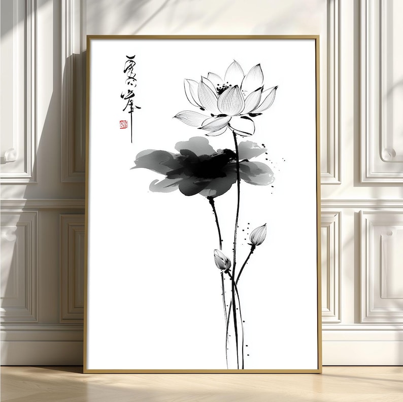 Lotus Flower Print, Japanese Ink Line Art, Minimal Floral Wall Art - Etsy