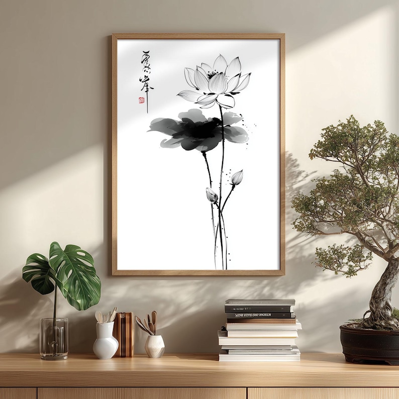 Lotus Flower Print, Japanese Ink Line Art, Minimal Floral Wall Art - Etsy