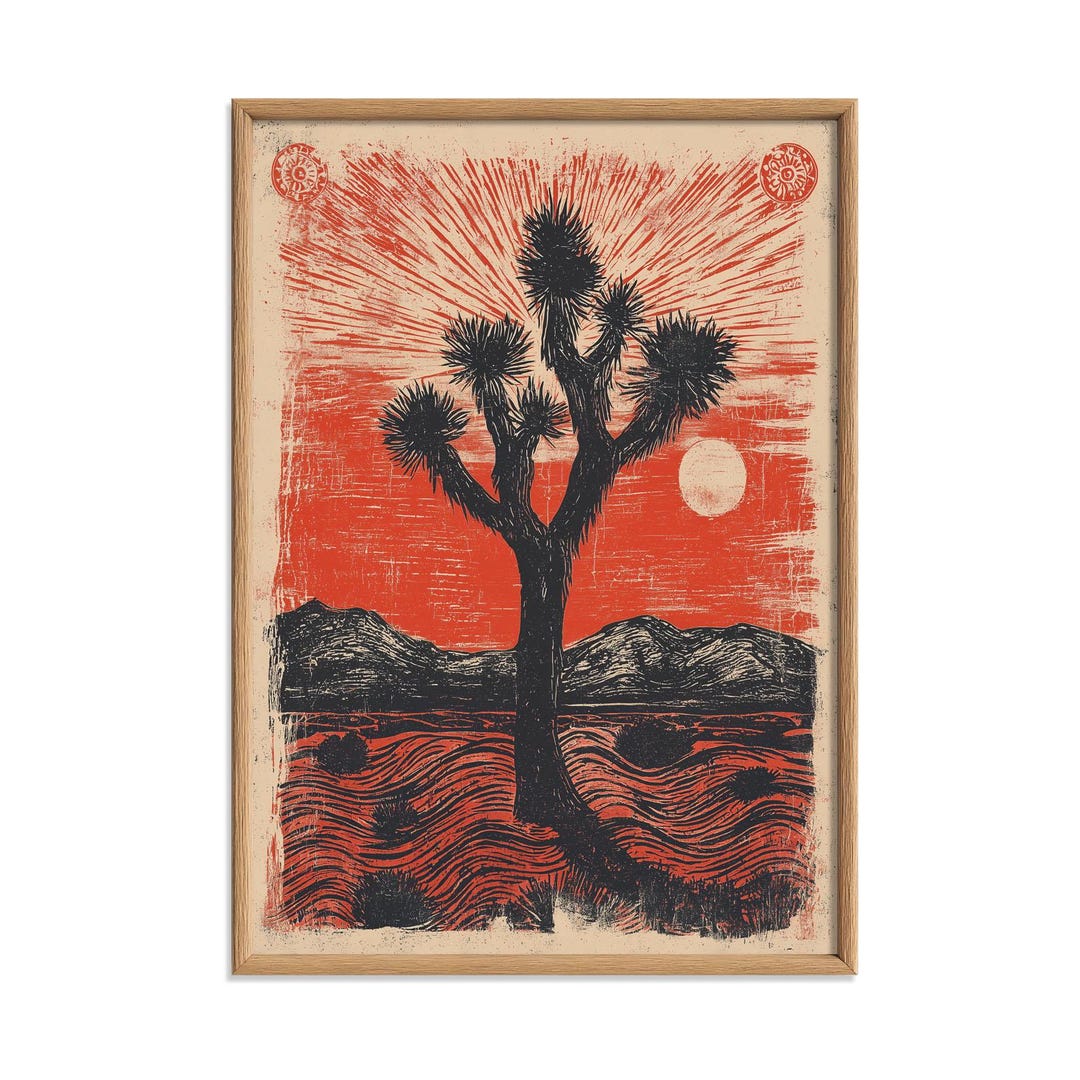 Joshua Tree Wall Art | Desert Linocut Poster, Red Sun Art Print ...