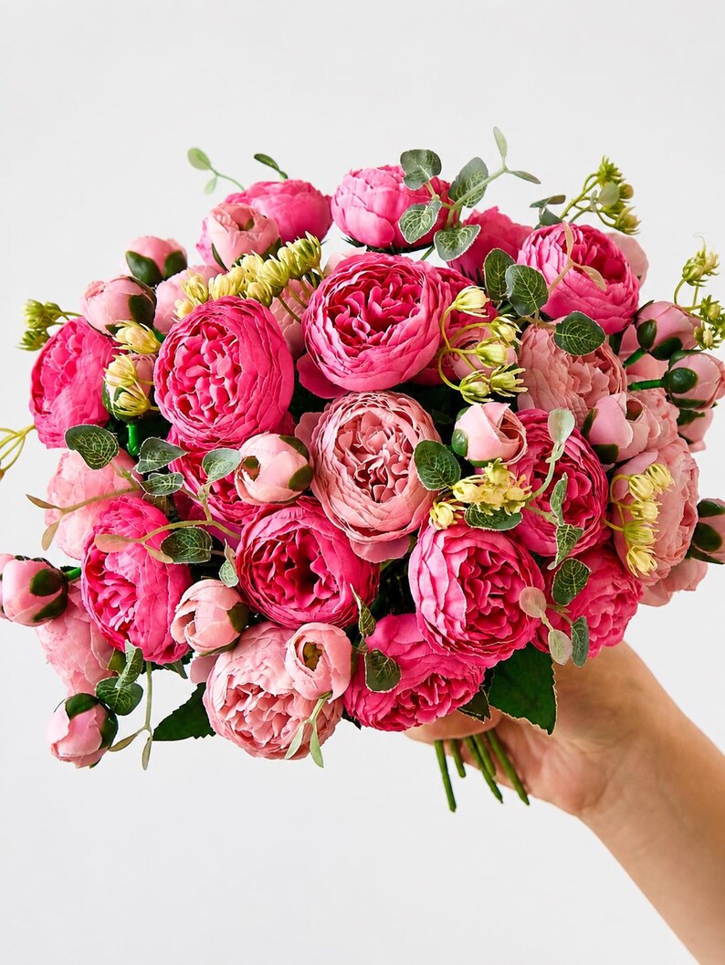 Pink Ranunculus Artificial Flower Bouquet, Faux Peony-style Rose Stems ...