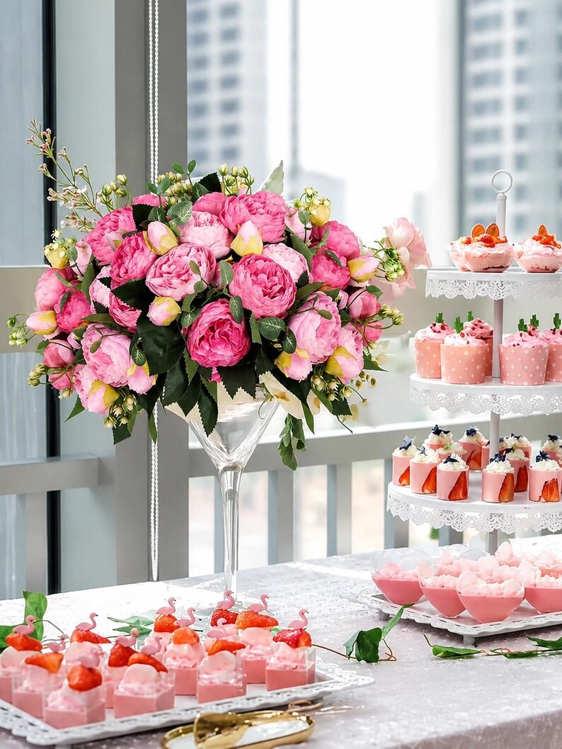 Pink Ranunculus Artificial Flower Bouquet, Faux Peony-style Rose Stems ...