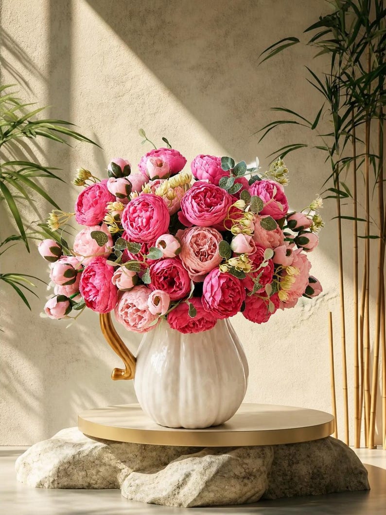 Pink Ranunculus Artificial Flower Bouquet, Faux Peony-style Rose Stems ...