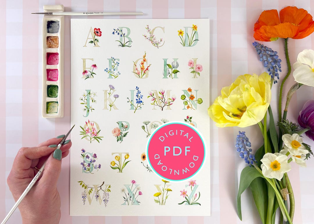 Watercolor Floral Alphabet Template: Paint Your Own Art (digital ...