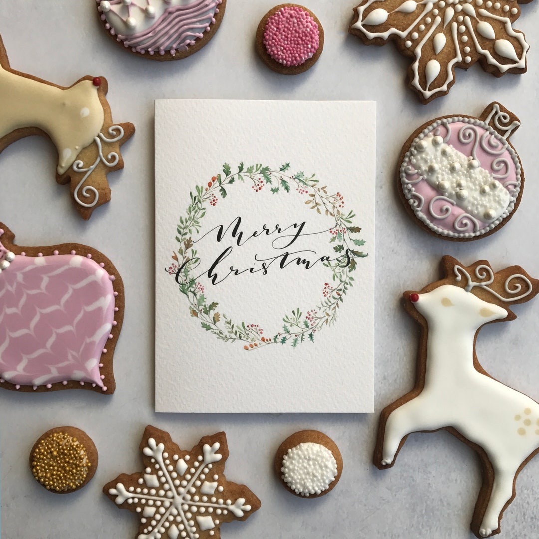 Pack of 10 Christmas Calligraphy Wreath Cards | Christmas Card ...
