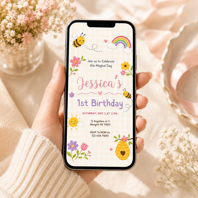 Bee Floral First Birthday Invitation, Printable 1st Birthday Invite ...