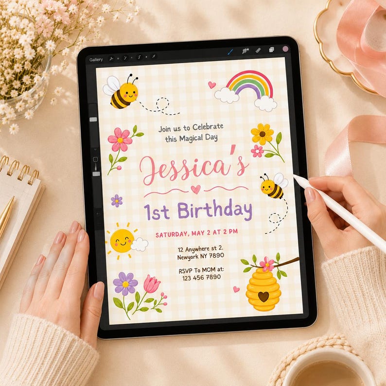 Bee Floral First Birthday Invitation, Printable 1st Birthday Invite ...