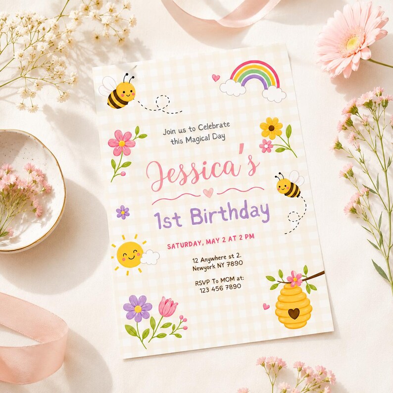 Bee Floral First Birthday Invitation, Printable 1st Birthday Invite ...
