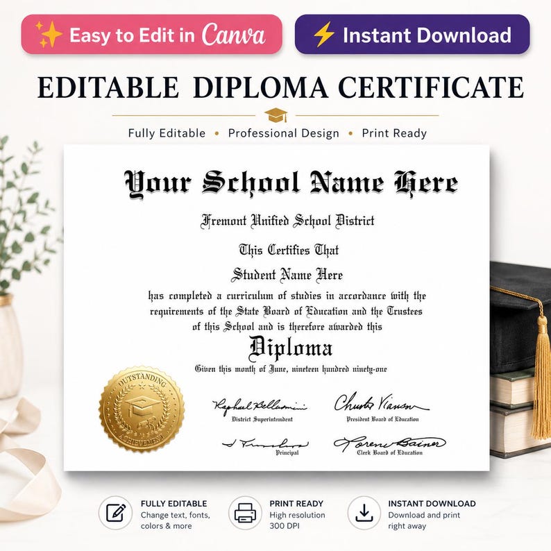 Editable High School Diploma | Diploma Certificate | High School ...