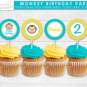 Monkey Boy Theme Birthday Party Cupcake Toppers | Yellow & Teal ...