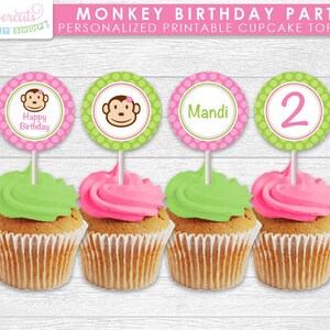 Monkey Girl Theme Birthday Party Cupcake Toppers | Pink & Green ...