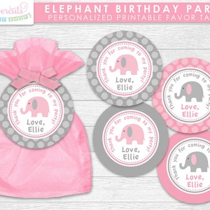 Elephant Theme Birthday Party Favor Tags | Pink & Grey | Personalized ...