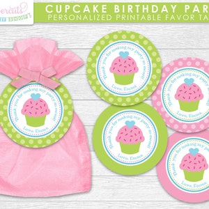 Cupcake Theme Birthday Party Favor Tags | Green & Pink | Personalized ...