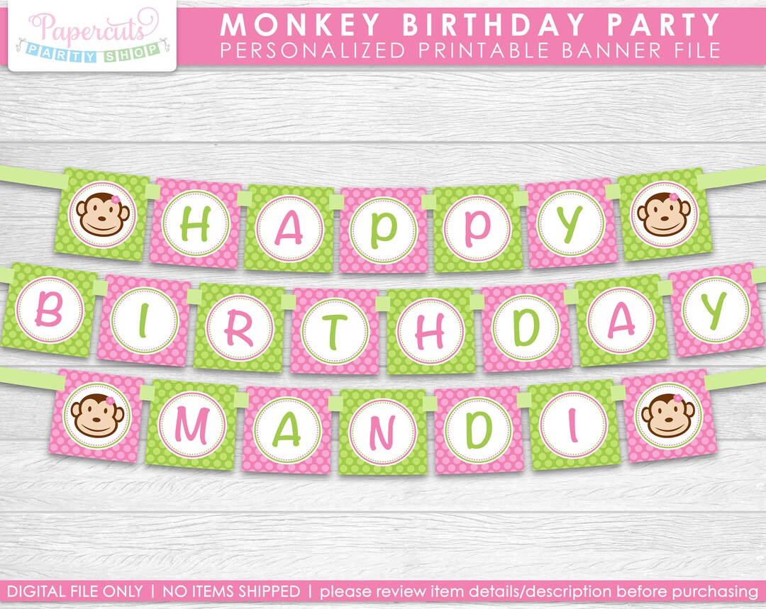 Monkey Girl Theme Happy Birthday Party Banner | Pink & Green ...