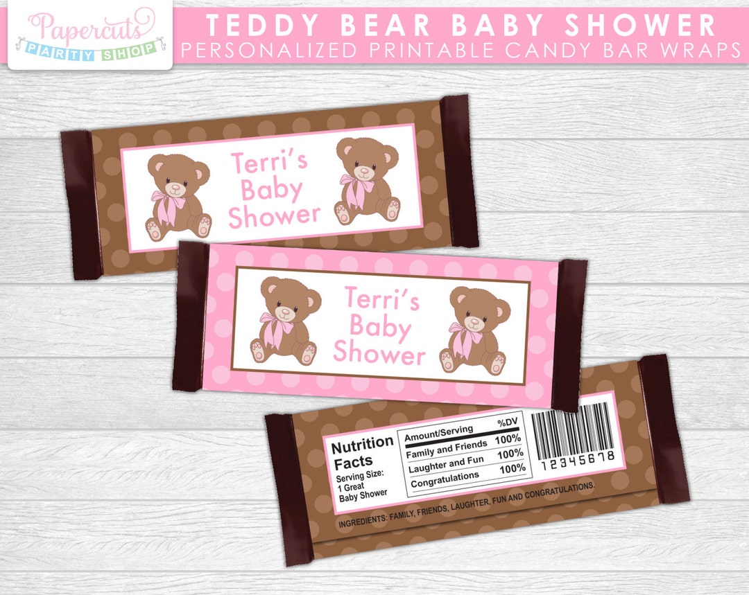 Teddy Bear Theme Baby Shower Chocolate Bar Wrappers | Pink & Brown | It ...