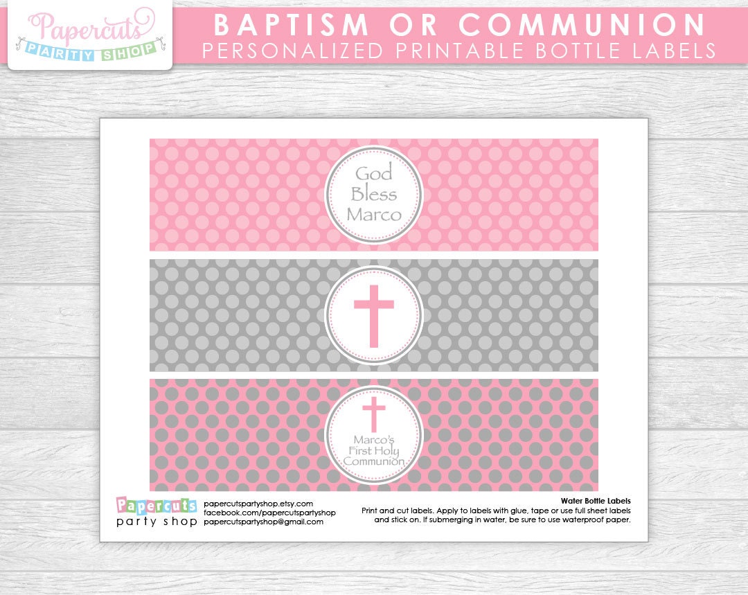 Baptism or First Holy Communion Water Bottle Labels | Pink & Grey ...