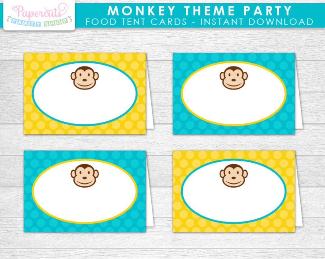 Monkey Boy Theme Party Blank Food Tent Cards | Yellow & Teal ...