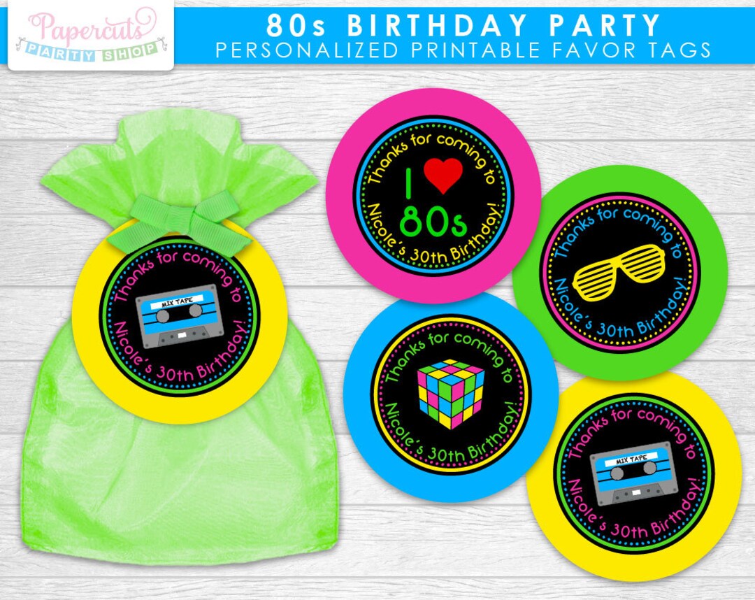 Totally 80s Theme Birthday Party Favor Tags | Neon Green Pink Blue ...