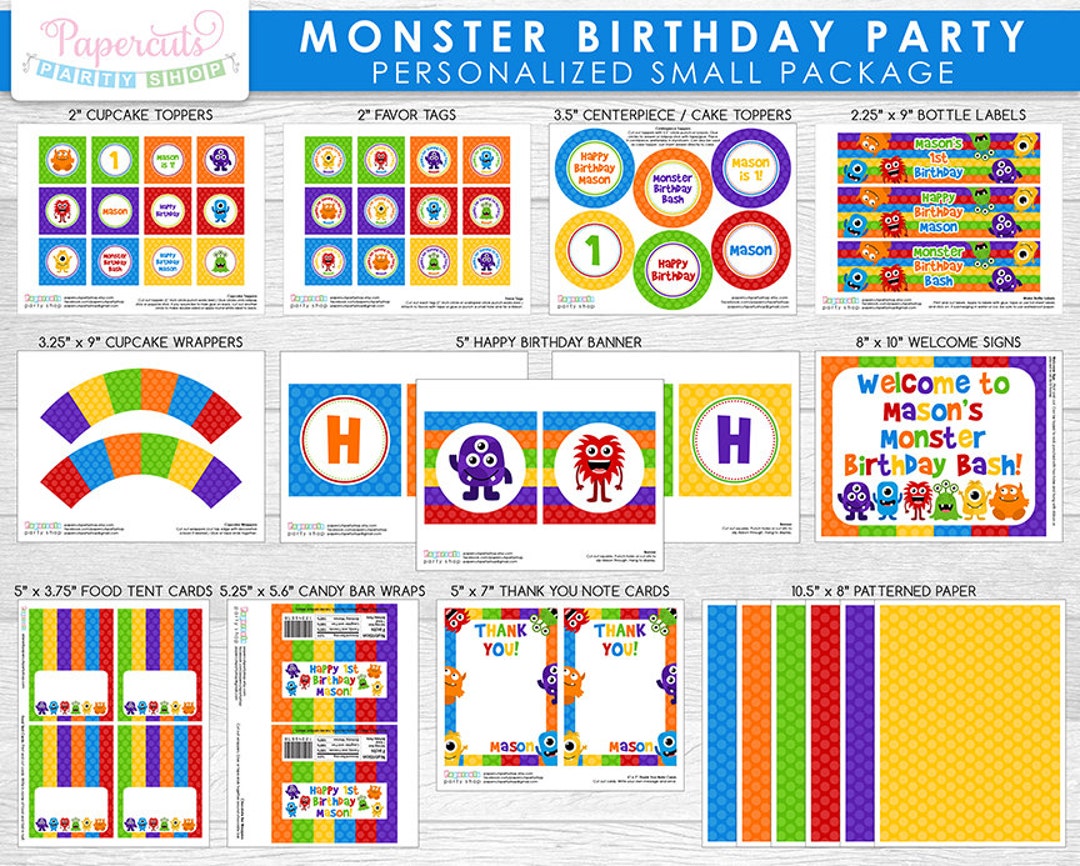 Monster Theme SMALL Birthday Party Package | Blue Orange Green Yellow ...