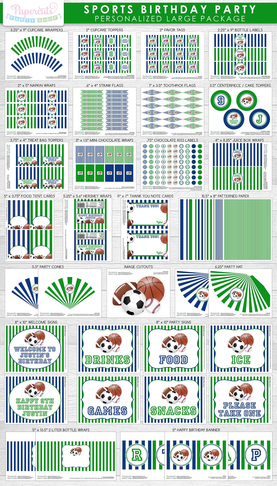 All Star Sports Theme LARGE Happy Birthday Party Package | Green & Blue ...