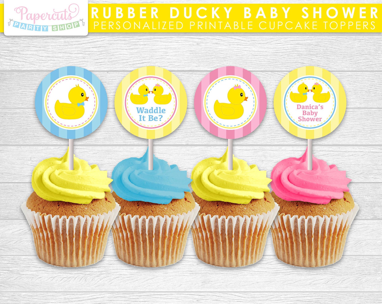 Rubber Ducky Theme Cupcake Toppers Waddle It Be Gender Reveal Baby ...