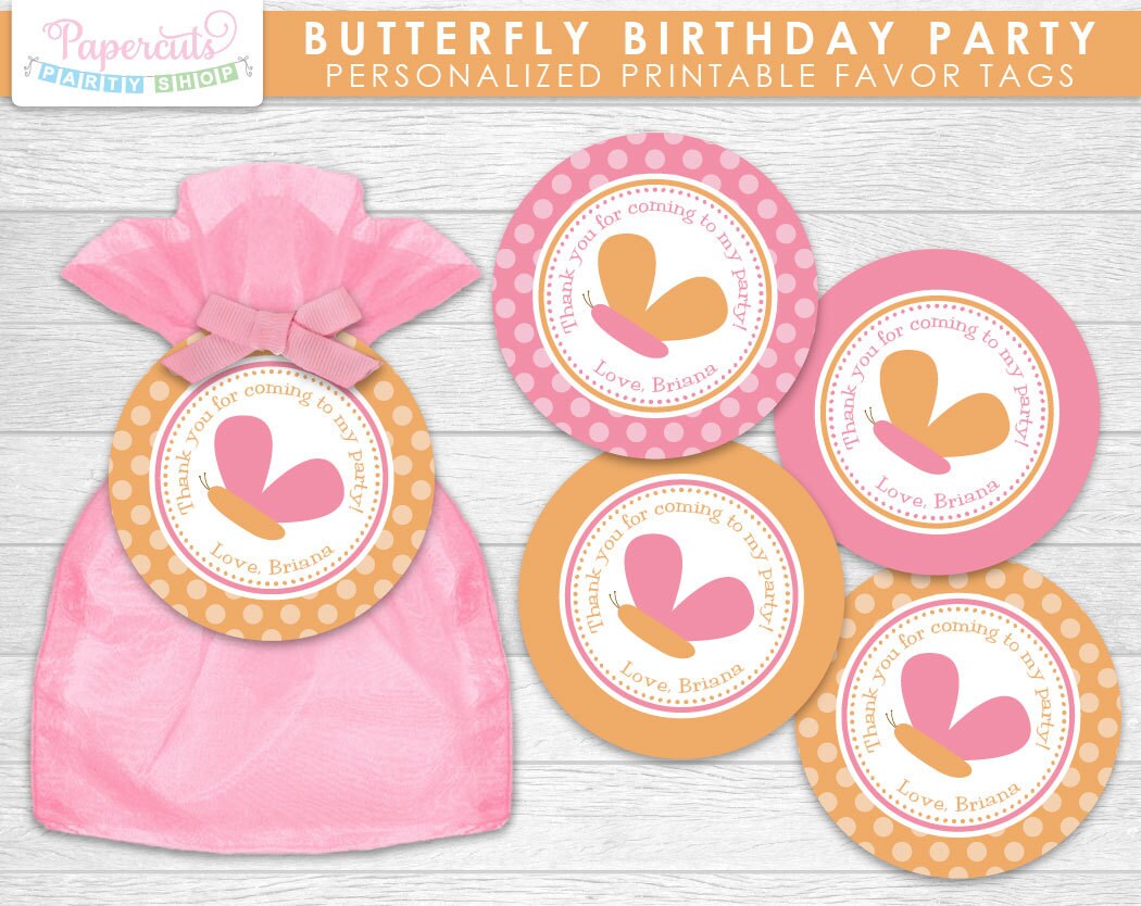 Butterfly Theme Birthday Party Favor Tags Pink & Orange | Etsy