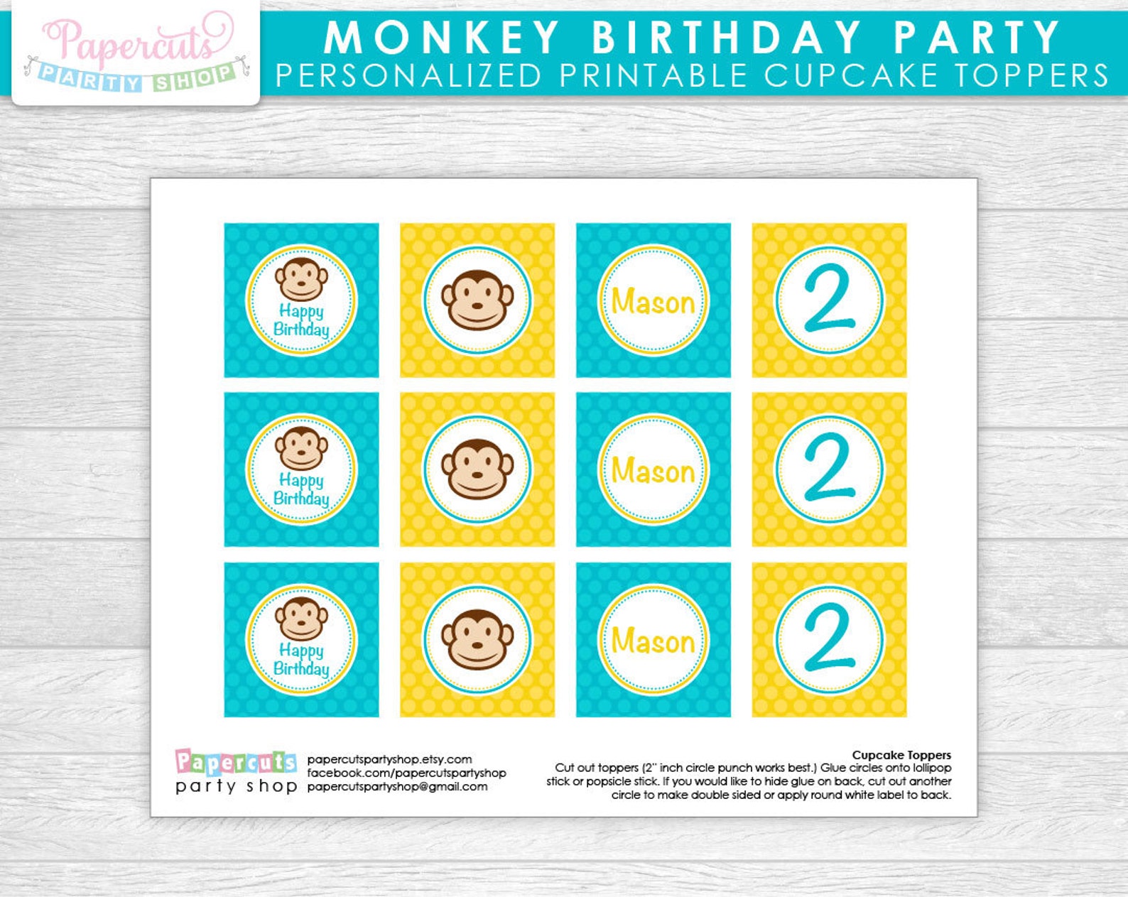 Monkey Boy Theme Birthday Party Cupcake Toppers | Yellow & Teal ...