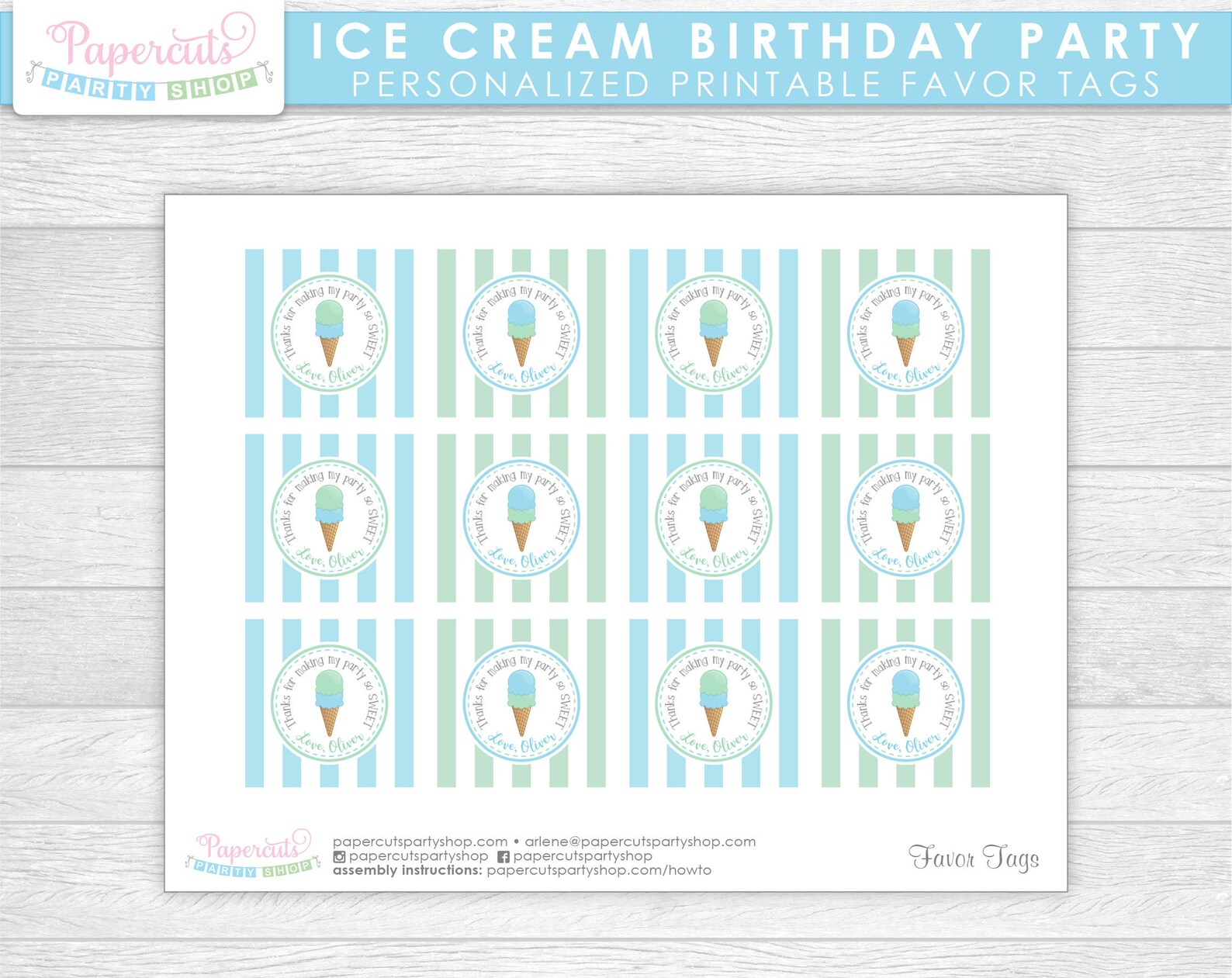 Ice Cream Theme Happy Birthday Party Favor Tags Blue & Green | Etsy