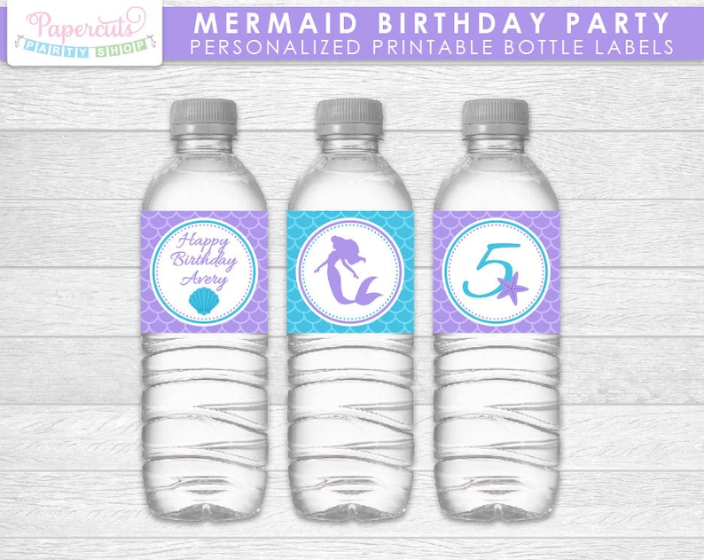Mermaid Theme Birthday Party Water Bottle Labels | Purple & Blue ...