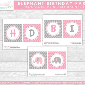 Elephant Theme Happy Birthday Party Banner | Pink & Grey | Personalized ...