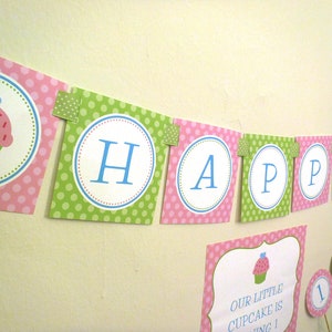 Cupcake Theme Happy Birthday Party Banner | Green & Pink | Personalized ...